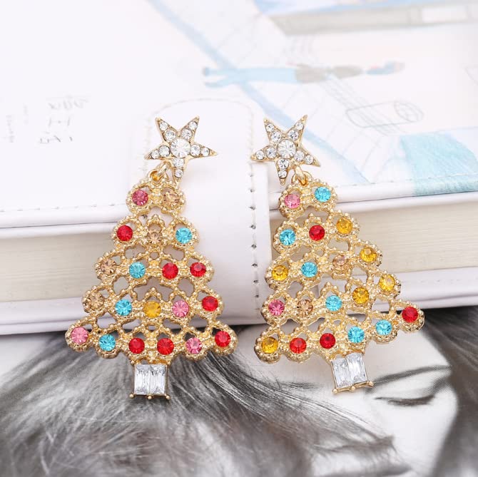 Christmas Tree Earrings for Women Lights Linear Sparkling Rhinestone Colored Christmas Tree Earrings Holiday Christmas Jewelry Gift