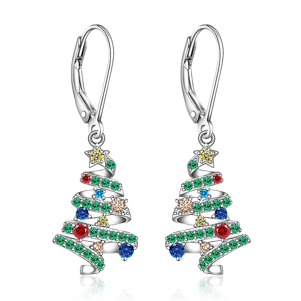 Christmas Earrings Christmas Tree Earrings for Women Dangle Drop S925 Sterling Silver Leverback Holiday X-Mas Jewelry