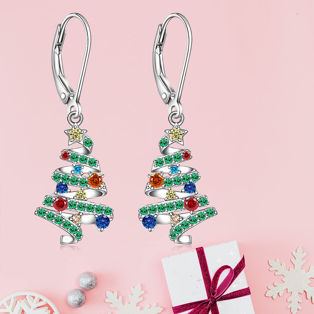 Christmas Earrings Christmas Tree Earrings for Women Dangle Drop S925 Sterling Silver Leverback Holiday X-Mas Jewelry