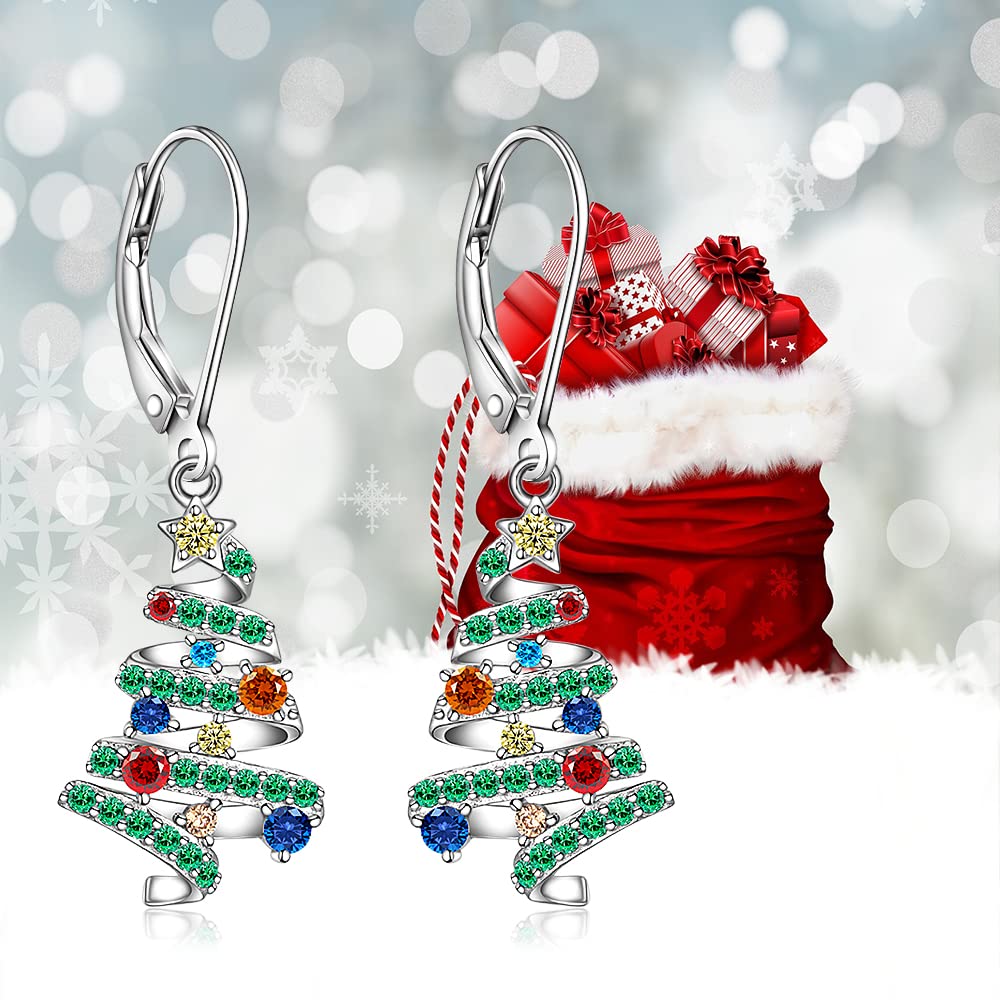 Christmas Earrings Christmas Tree Earrings for Women Dangle Drop S925 Sterling Silver Leverback Holiday X-Mas Jewelry