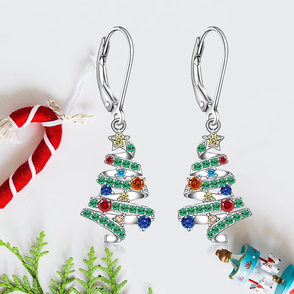 Christmas Earrings Christmas Tree Earrings for Women Dangle Drop S925 Sterling Silver Leverback Holiday X-Mas Jewelry