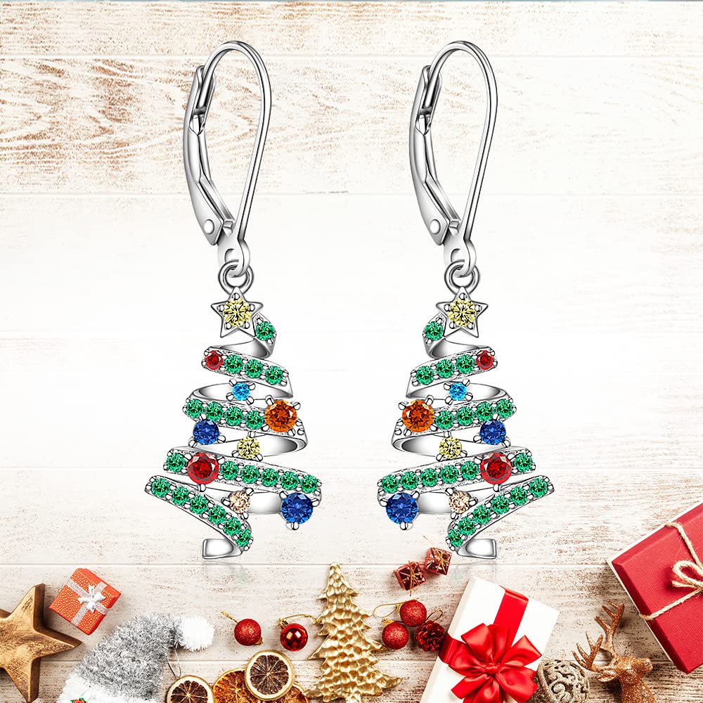 Christmas Earrings Christmas Tree Earrings for Women Dangle Drop S925 Sterling Silver Leverback Holiday X-Mas Jewelry