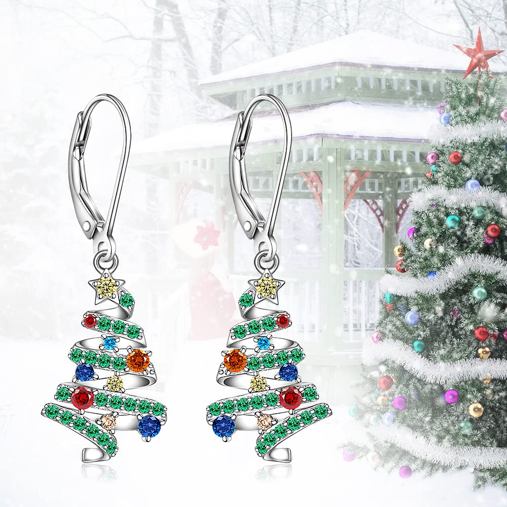 Christmas Earrings Christmas Tree Earrings for Women Dangle Drop S925 Sterling Silver Leverback Holiday X-Mas Jewelry