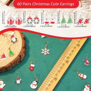 Siifert 60 Pairs Christmas Earrings Sets Cute Snowman Santa Claus Christmas Tree Drop Earrings Set for Women Girls Holiday Party Decorations