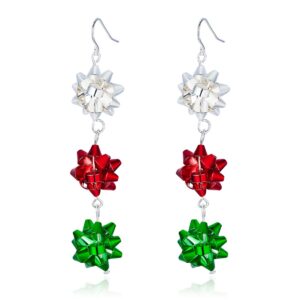 christmas bows flower piercing dangle earrings red green white silver plated women holiday