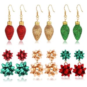 6pairs christmas earrings holiday xmas bow earrings glitter light bulb dangle earrings hypoallergenic stud earrings for women christmas holiday jewelry (style a)