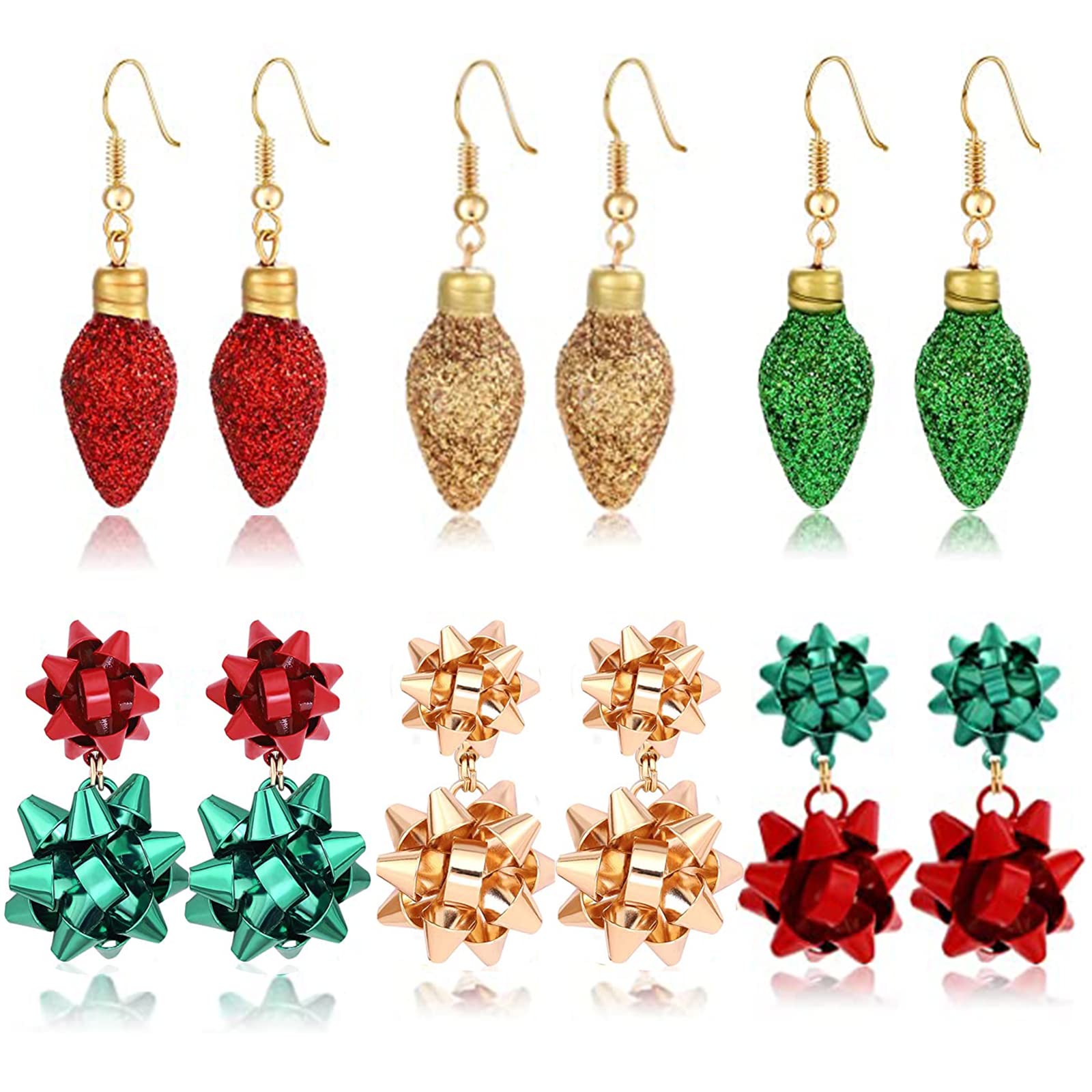 6Pairs Christmas Earrings Holiday Xmas Bow Earrings Glitter Light Bulb Dangle Earrings Hypoallergenic Stud Earrings for Women Christmas Holiday Jewelry (style A)