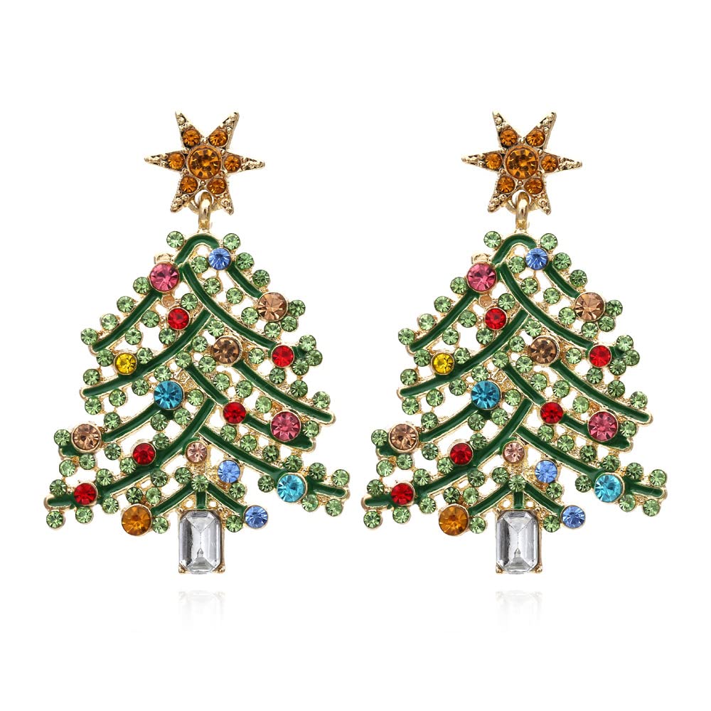 Christmas Sparkly Crystal Dangle Earrings Cute Christmas Tree Reindeer Earrings Colorful Xmas Festival Holiday Jewelry Gift-Green Tree