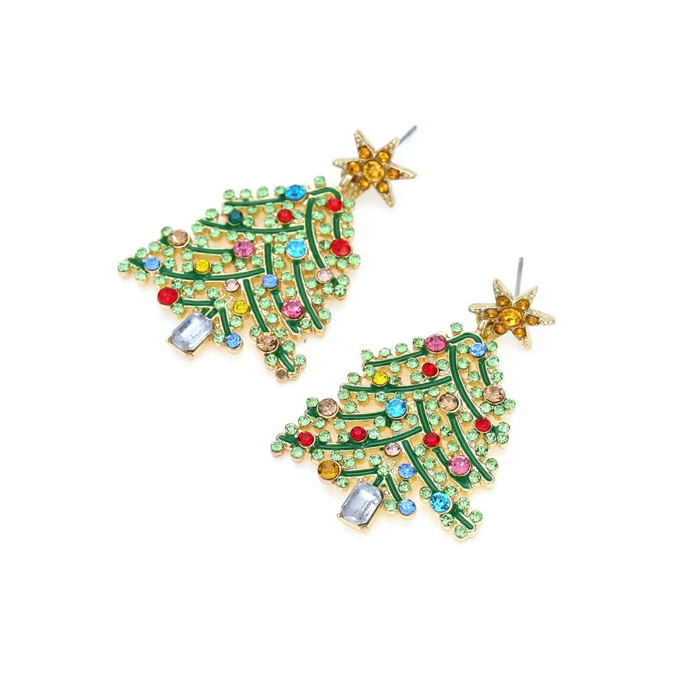 Christmas Sparkly Crystal Dangle Earrings Cute Christmas Tree Reindeer Earrings Colorful Xmas Festival Holiday Jewelry Gift-Green Tree