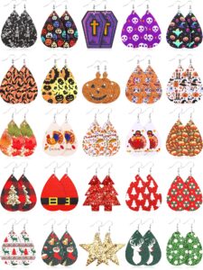 hicarer 25 pairs christmas faux leather earrings halloween thanksgiving holiday fall leather teardrop dangle earrings for women