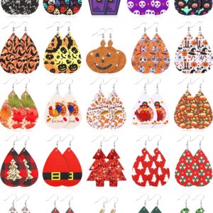 Hicarer 25 Pairs Christmas Faux Leather Earrings Halloween Thanksgiving Holiday Fall Leather Teardrop Dangle Earrings for Women