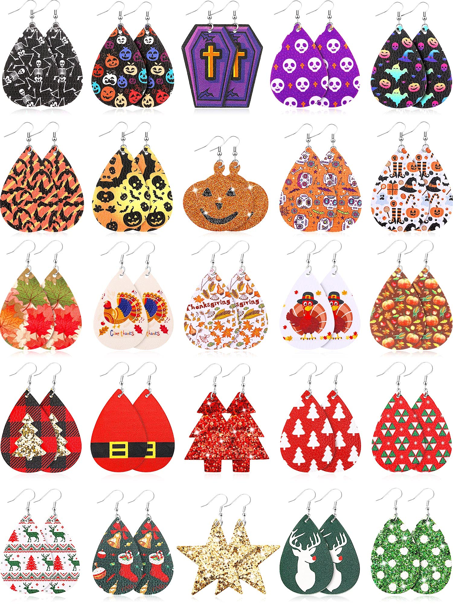 Hicarer 25 Pairs Christmas Faux Leather Earrings Halloween Thanksgiving Holiday Fall Leather Teardrop Dangle Earrings for Women