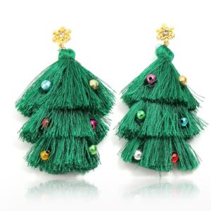 christmas earrings for women lightweight christmas tree tassel beaded earrings bohemian dangle drop green earrings, handmade bead xmas tree earring for women gift