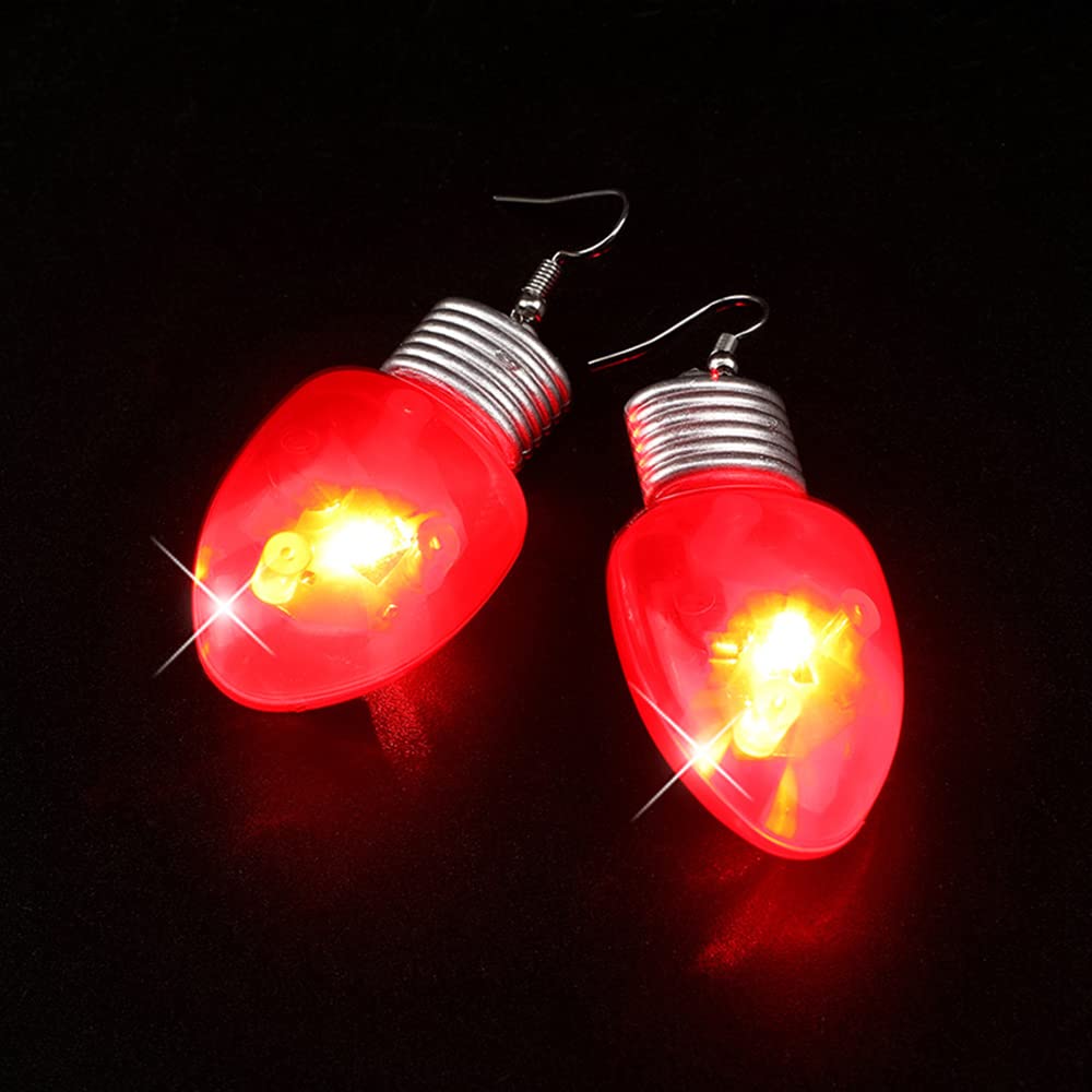 Fashion LED Light Bulb Dangle Drop Earrings Color Bulbs Light Up Dangling Charm Glow in The Dark Huggie Hook Hoop Earring Stud Cute Jewelry Christmas Festival Gifts for Women Teen Girls Hypoallergenic (Red)