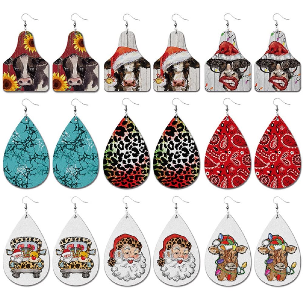 9 Pair Christmas Faux Leather Earrings Lightweight Leaf Dangle Teardrop Earrings for Women Gift -Style 2