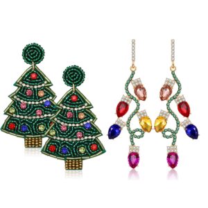 2 pairs christmas earrings beaded christmas tree crystal light lamp drop dangle earrings xmas statement festive holiday earrings accessory gifts