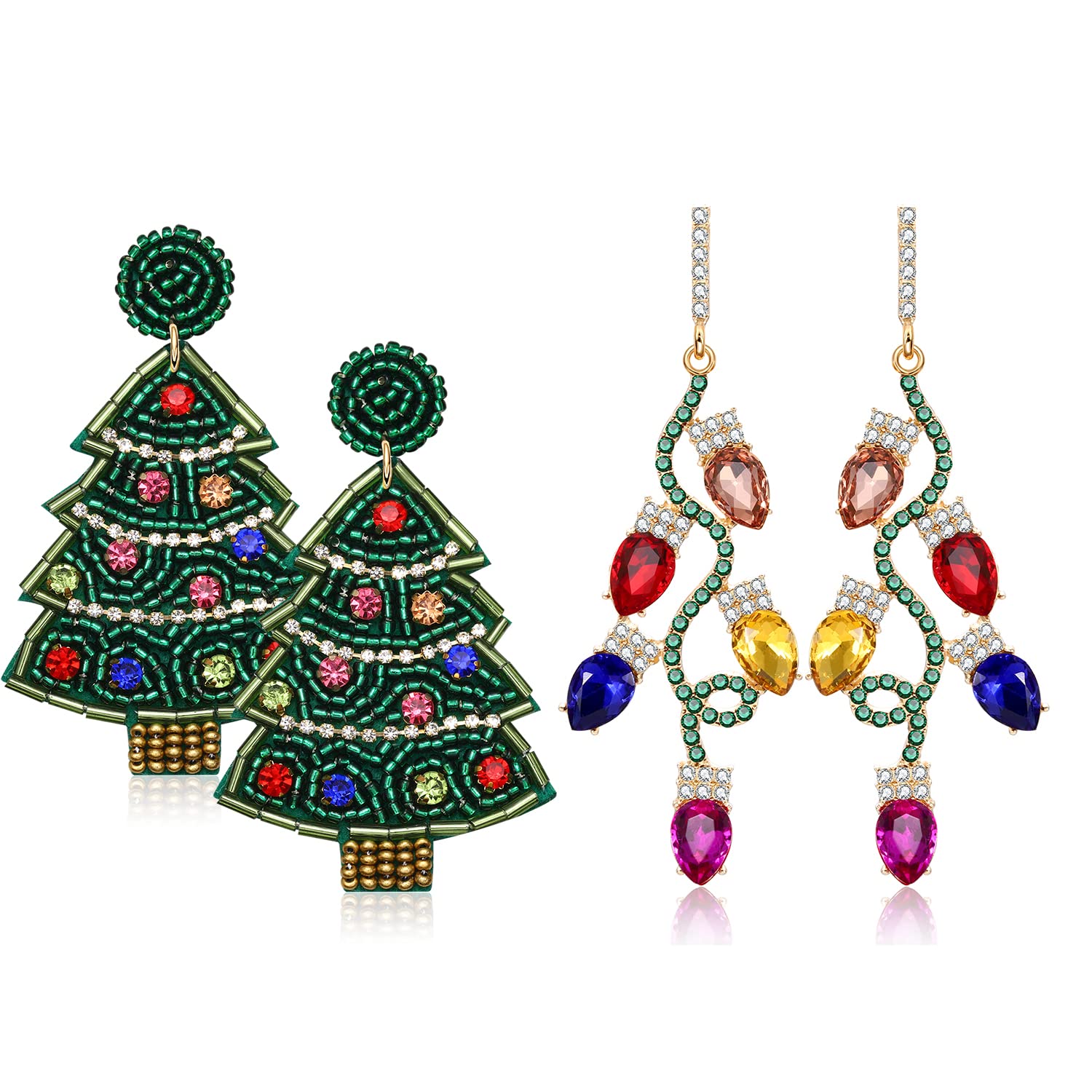 2 Pairs Christmas Earrings Beaded Christmas Tree Crystal Light Lamp Drop Dangle Earrings Xmas Statement Festive Holiday Earrings Accessory Gifts