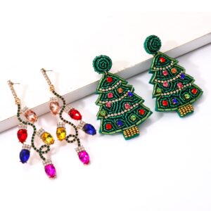 2 Pairs Christmas Earrings Beaded Christmas Tree Crystal Light Lamp Drop Dangle Earrings Xmas Statement Festive Holiday Earrings Accessory Gifts