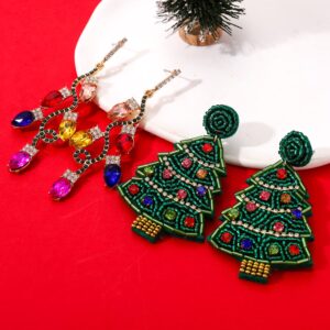 2 Pairs Christmas Earrings Beaded Christmas Tree Crystal Light Lamp Drop Dangle Earrings Xmas Statement Festive Holiday Earrings Accessory Gifts