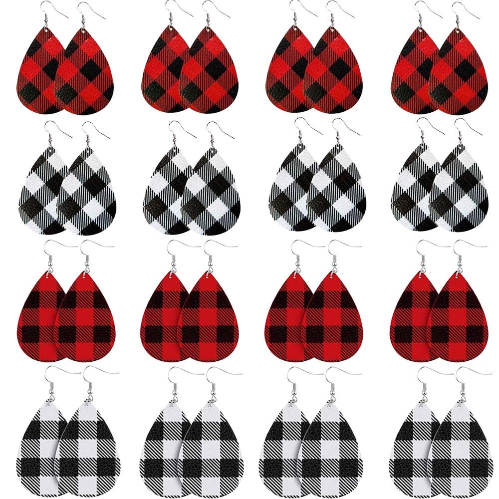 Christmas Zinc Earrings for Women Girls Plaid Leather Earrings Teardrop Lightweight Petal Leather Earrings Christmas Decoration 16Pairs