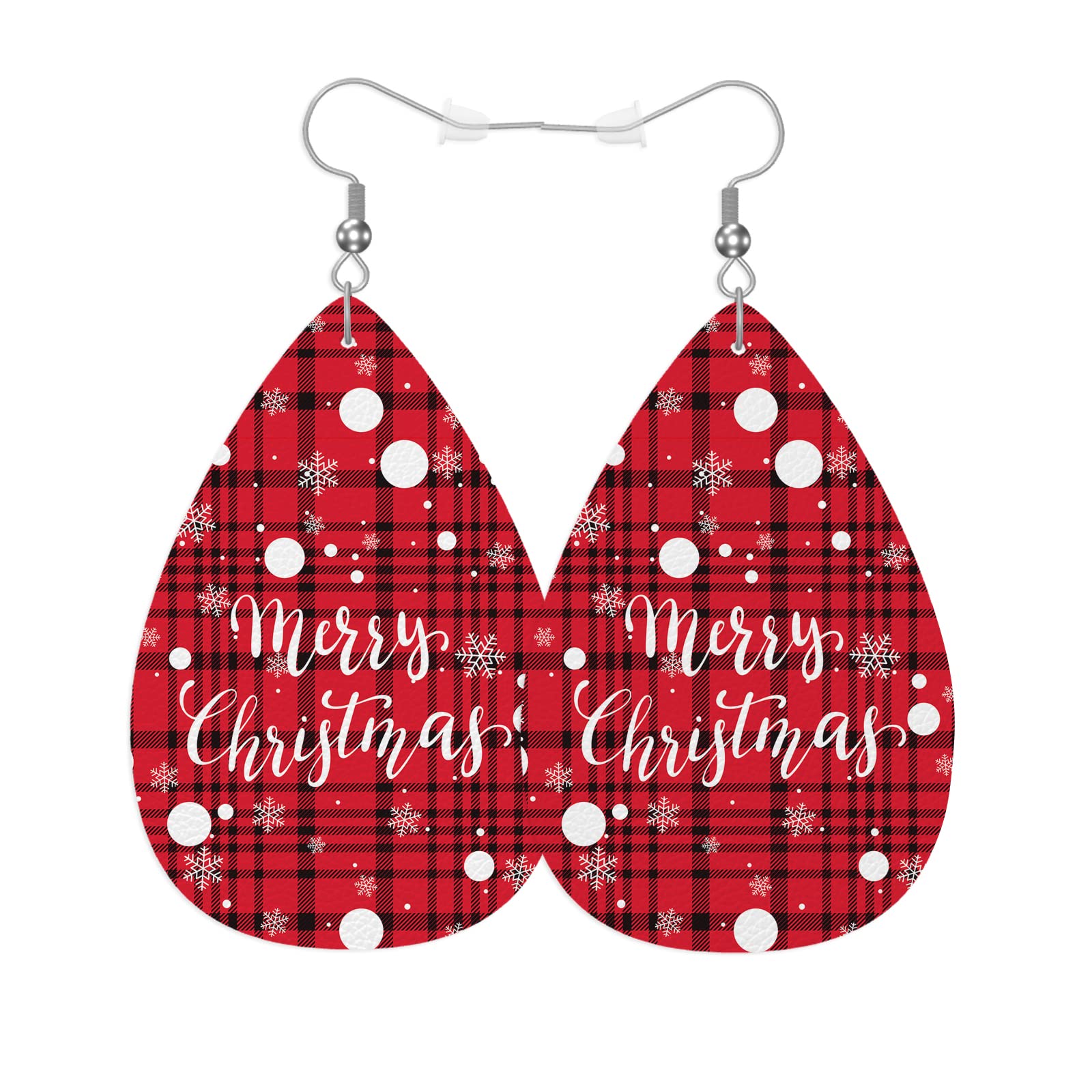 Vosach Merry Christmas Leather Teardrop Hook Earrings Winter Snowflakes Checkered Buffalo Plaid Elegant Earrings For Women Friends Dangle Earrings