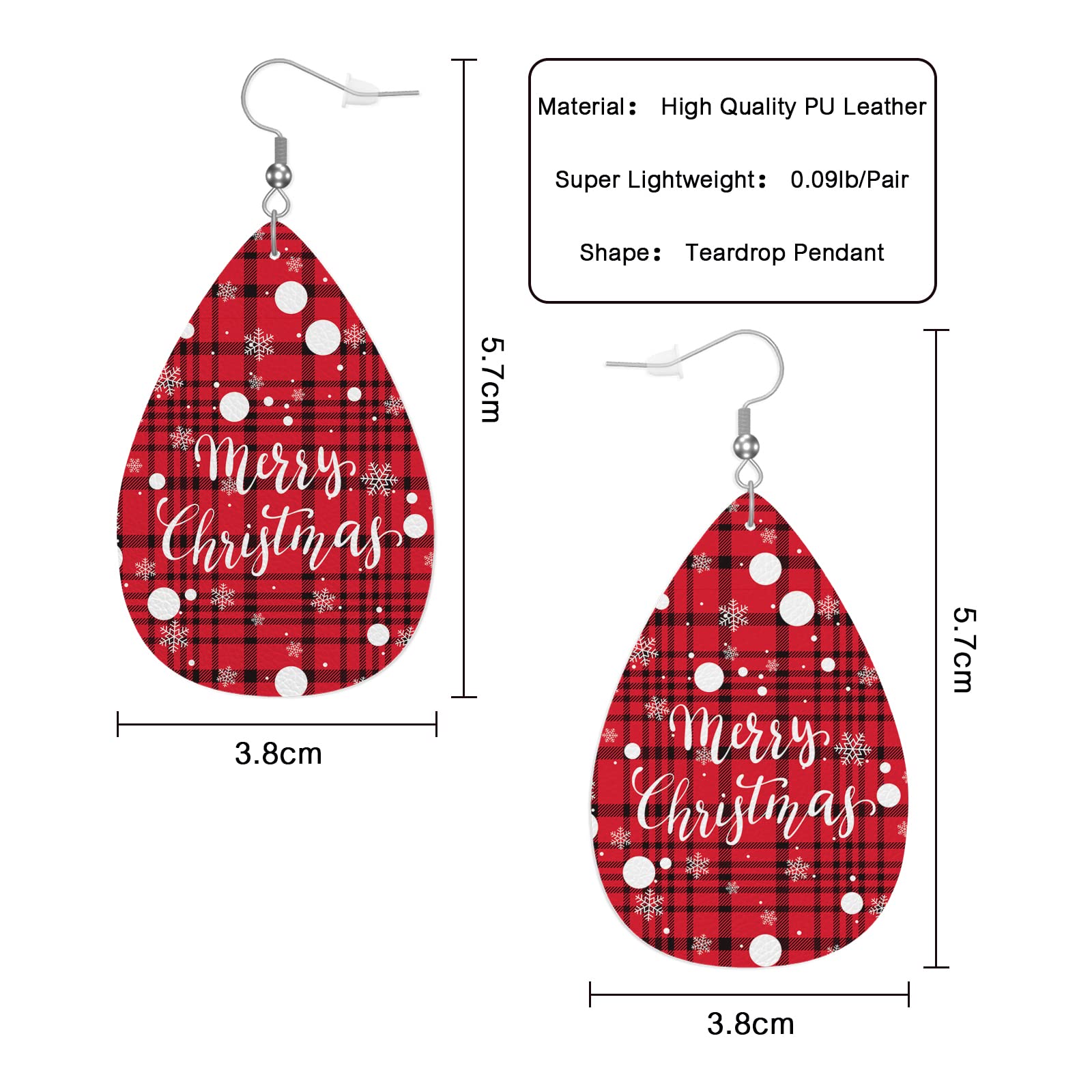 Vosach Merry Christmas Leather Teardrop Hook Earrings Winter Snowflakes Checkered Buffalo Plaid Elegant Earrings For Women Friends Dangle Earrings