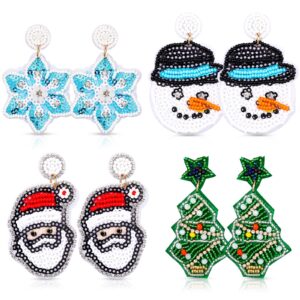 jeyiour 4 pair christmas beaded earrings for women holiday drop dangle earring christmas jewelry for women costume decoration(vivid style)