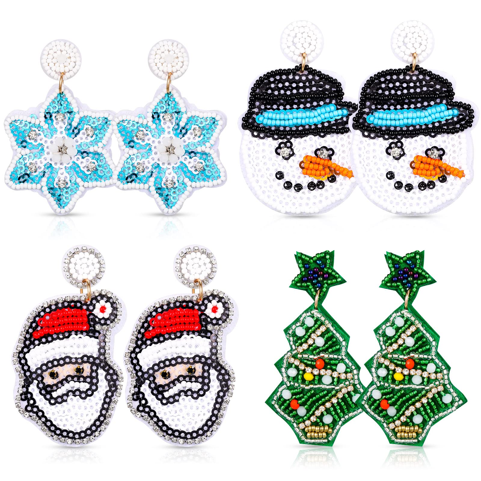 Jeyiour 4 Pair Christmas Beaded Earrings for Women Holiday Drop Dangle Earring Christmas Jewelry for Women Costume Decoration(Vivid Style)