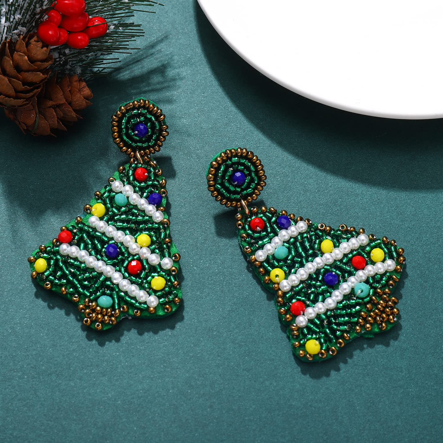 CEALXHENY Beaded Christmas Earrings for Women Handmade Bead Xmas Tree Santa Clause Wreath Candy Cane Drop Dangle Earrings Festive Holiday Earrings Christmas Gifts (Christmas Tree)