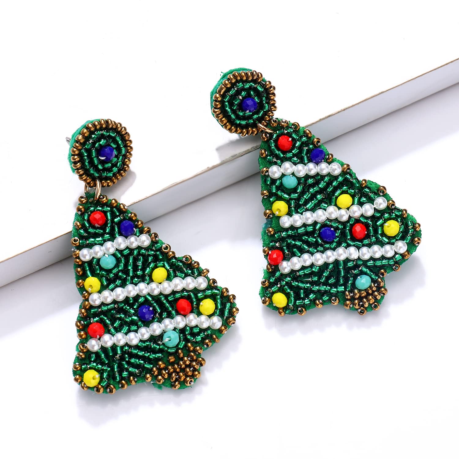 CEALXHENY Beaded Christmas Earrings for Women Handmade Bead Xmas Tree Santa Clause Wreath Candy Cane Drop Dangle Earrings Festive Holiday Earrings Christmas Gifts (Christmas Tree)