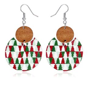 coadipress colorful christmas plaid round wooden dangle earrings for women plaid snowflake deer tree flower print earrings lightweight wooden earring christmas jewelry (christmas tree)