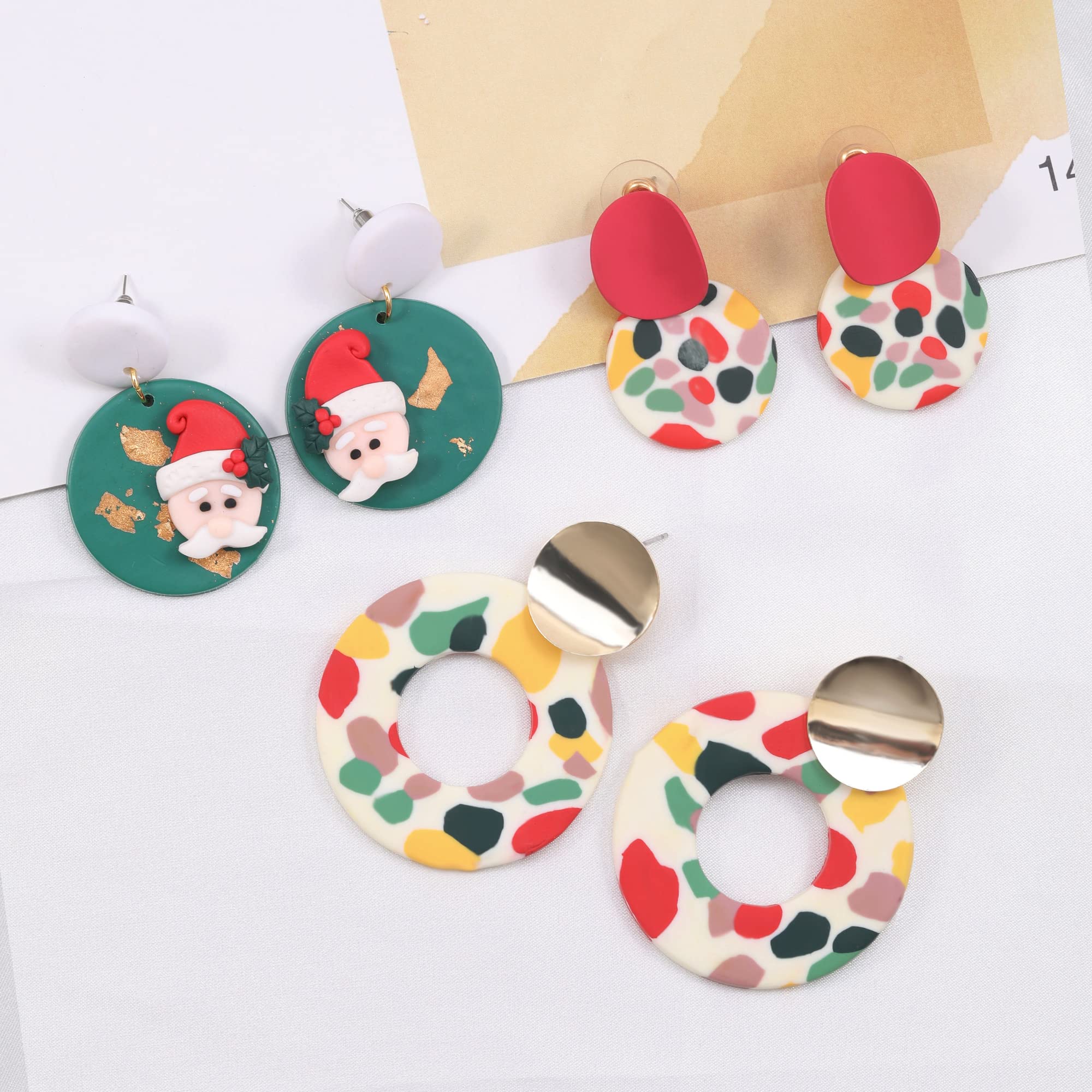 Christmas Polymer Clay Earrings for Women, Handmade Cute Funny Drop Dangling Fall Stud Boho Bohemian Santa Holiday Earrings Vintage Oval and Round Shape Teacher Earring Pendant Jewelry