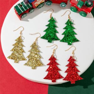 Lightweight Christmas Tree Faux Leather Sequins Dangle Earrings Glitter three-layer splicing sequin PU Earrings for Women Gift (Gold Christmas Tree Earrings)