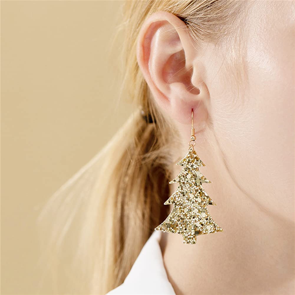 Lightweight Christmas Tree Faux Leather Sequins Dangle Earrings Glitter three-layer splicing sequin PU Earrings for Women Gift (Gold Christmas Tree Earrings)