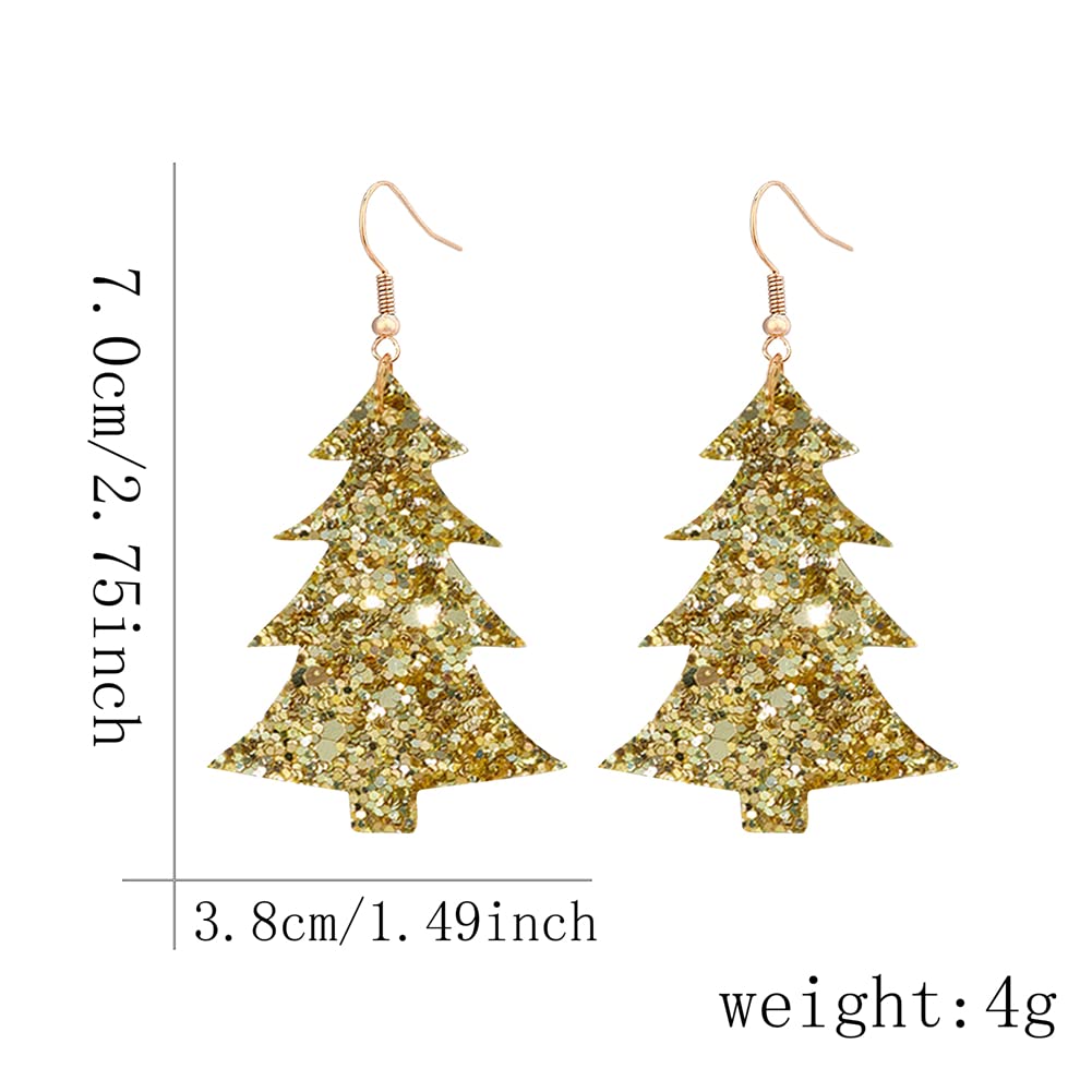 Lightweight Christmas Tree Faux Leather Sequins Dangle Earrings Glitter three-layer splicing sequin PU Earrings for Women Gift (Gold Christmas Tree Earrings)