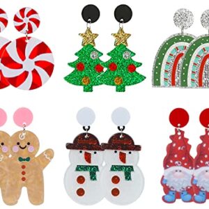 Cooluckday Christmas Earrings for Women Dangling Acrylic Christmas Tree Gnome Gingerbread Man Candy Snowman Earrings Christmas Stud Earrings for Women Christmas Gifts(4/6Pcs)