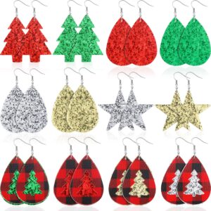 hicarer 12 pairs christmas faux leather earring leaf drop dangle earring teardrop earring for woman