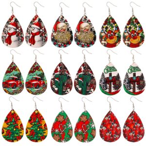 9 Pairs Christmas Earrings for Women, Lightweight Faux Leather Earrings Set Teardrop Dangle Xmas Earrings Christmas Trees Santa Snowflakes Earrings Christmas