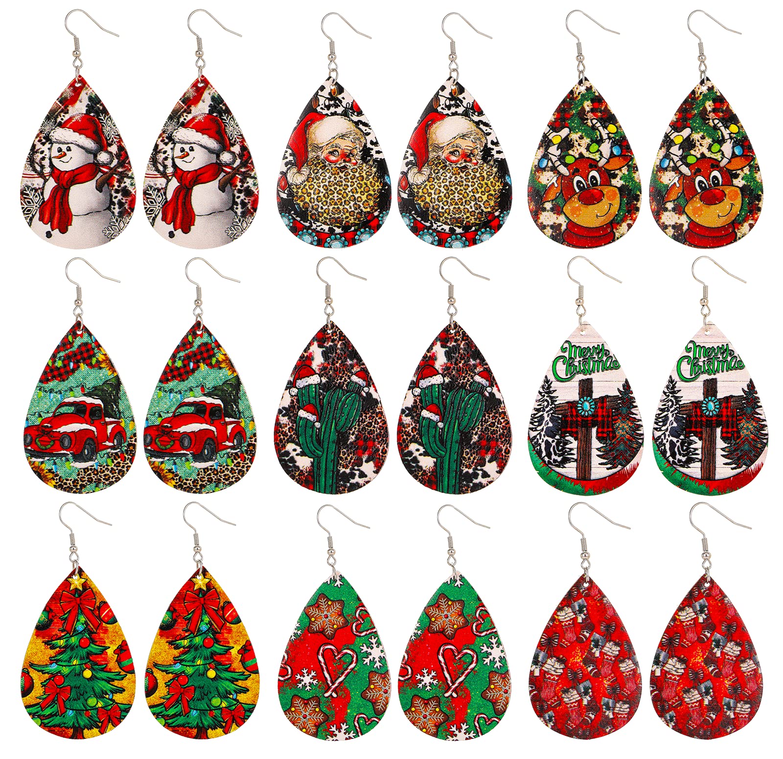 9 Pairs Christmas Earrings for Women, Lightweight Faux Leather Earrings Set Teardrop Dangle Xmas Earrings Christmas Trees Santa Snowflakes Earrings Christmas