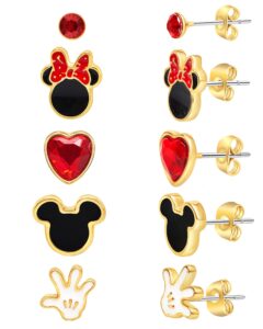 disney mickey and minnie mouse earrings 5 pack official license, red crystal and enamel plated stud earrings