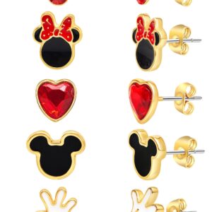 Disney Mickey and Minnie Mouse Earrings 5 Pack Official License, Red Crystal and Enamel Plated Stud Earrings