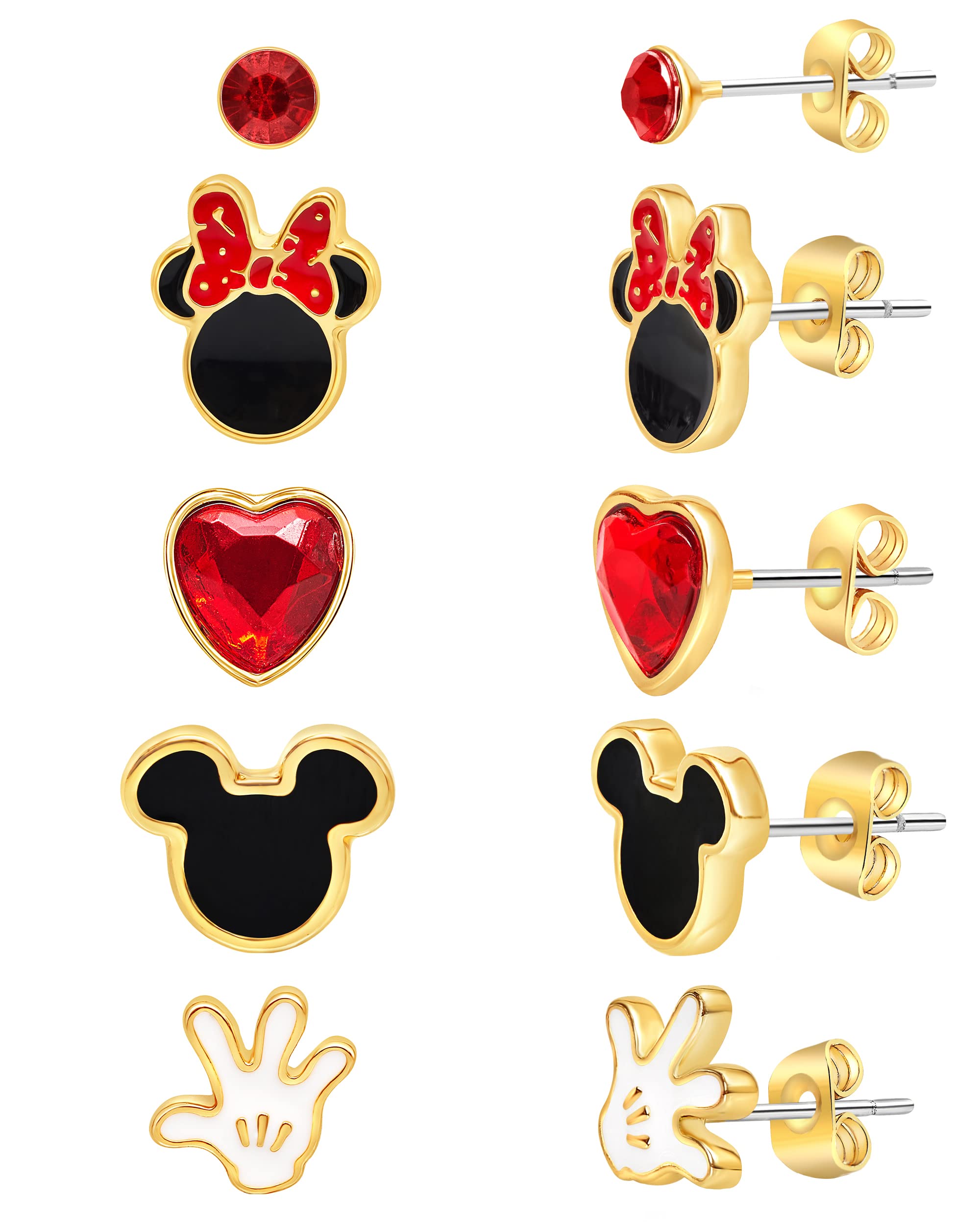 Disney Mickey and Minnie Mouse Earrings 5 Pack Official License, Red Crystal and Enamel Plated Stud Earrings