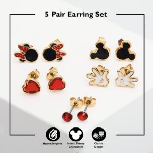 Disney Mickey and Minnie Mouse Earrings 5 Pack Official License, Red Crystal and Enamel Plated Stud Earrings