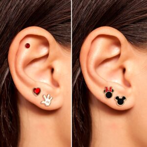 Disney Mickey and Minnie Mouse Earrings 5 Pack Official License, Red Crystal and Enamel Plated Stud Earrings