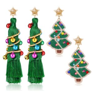 nlcac 2 pairs christmas earrings beaded christmas tree earrings tassel dangle earrings santa christmas costumes decorations party jewelry gifts (christmas tree tassel)