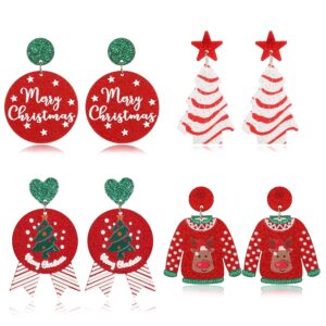 trwwell 4 pairs christmas earrings for women acrylic christmas reindeer tree dangle drop earrings holiday party jewelry gifts