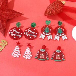 TRWWELL 4 Pairs Christmas Earrings for Women Acrylic Christmas Reindeer Tree Dangle Drop Earrings Holiday Party Jewelry Gifts