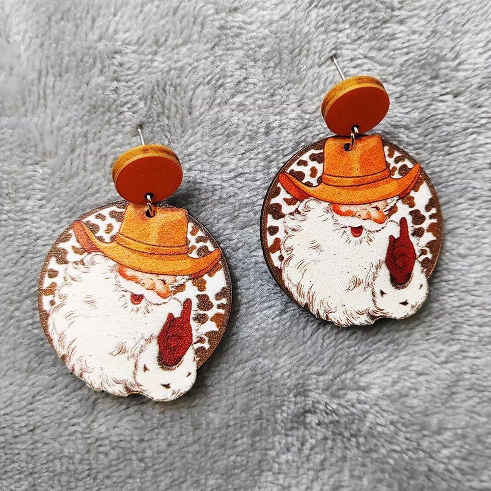 Zian Christmas Earrings Cowboy Hat Santa Earrings Round Wooden Earrings Christmas Jewelry Holiday Earrings