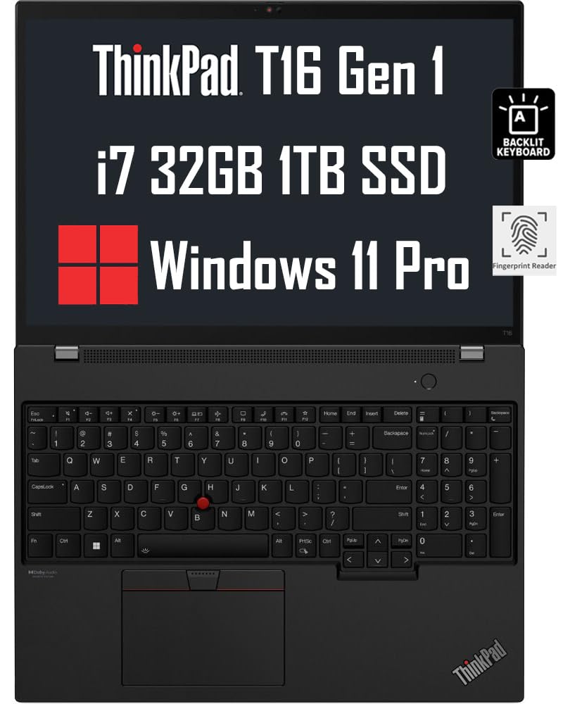 Lenovo ThinkPad T16 Business Laptop (16" FHD+ 16:10, Intel 12-Core i7-1260P, 32GB RAM, 1TB SSD), Backlit keyboard, Fingerprint Reader, 2x Thunderbolt 4, FHD IR Webcam, Wi-Fi 6E, Win 11 Pro, Black