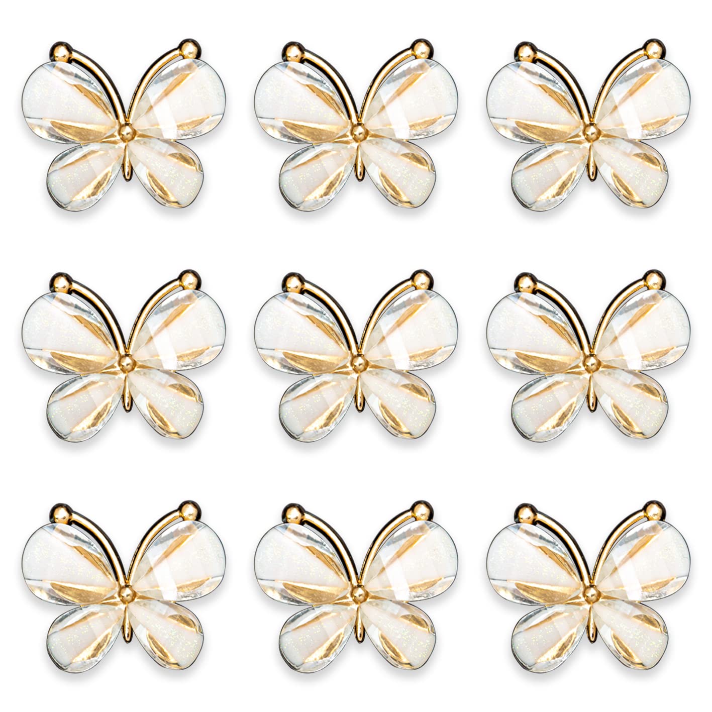 Builcker 50PCS Butterfly Head Ornament DIY Accessories Alloy Butterfly Transparent Shiny Acrylic Wings Flat Gold-plated Accessories For Home Buttons Clothes Shoes Hats Crafts Decor (White)